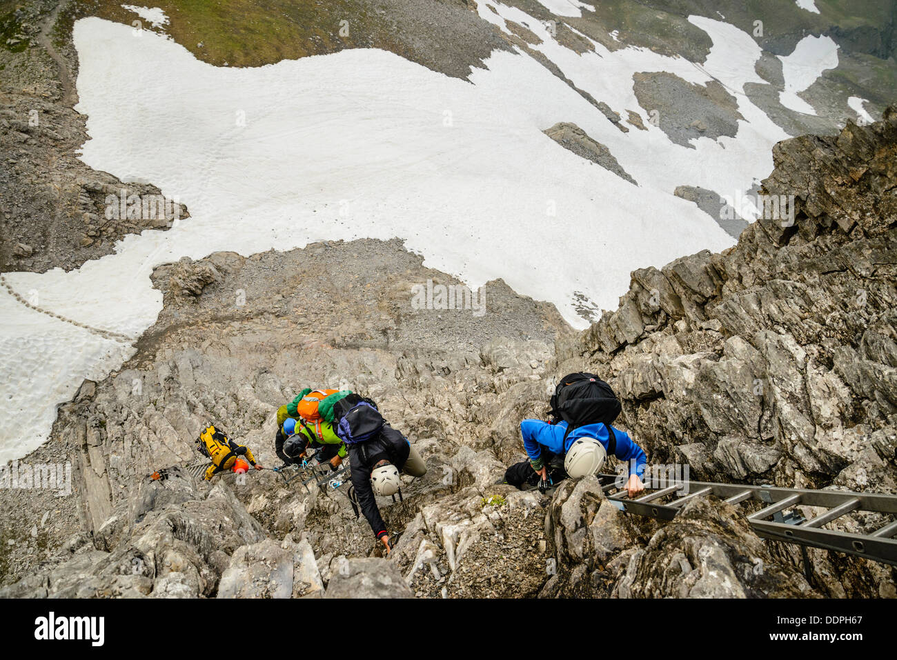 Climbers on the Rotstock Via Ferrata. The Rotstock is a small ...