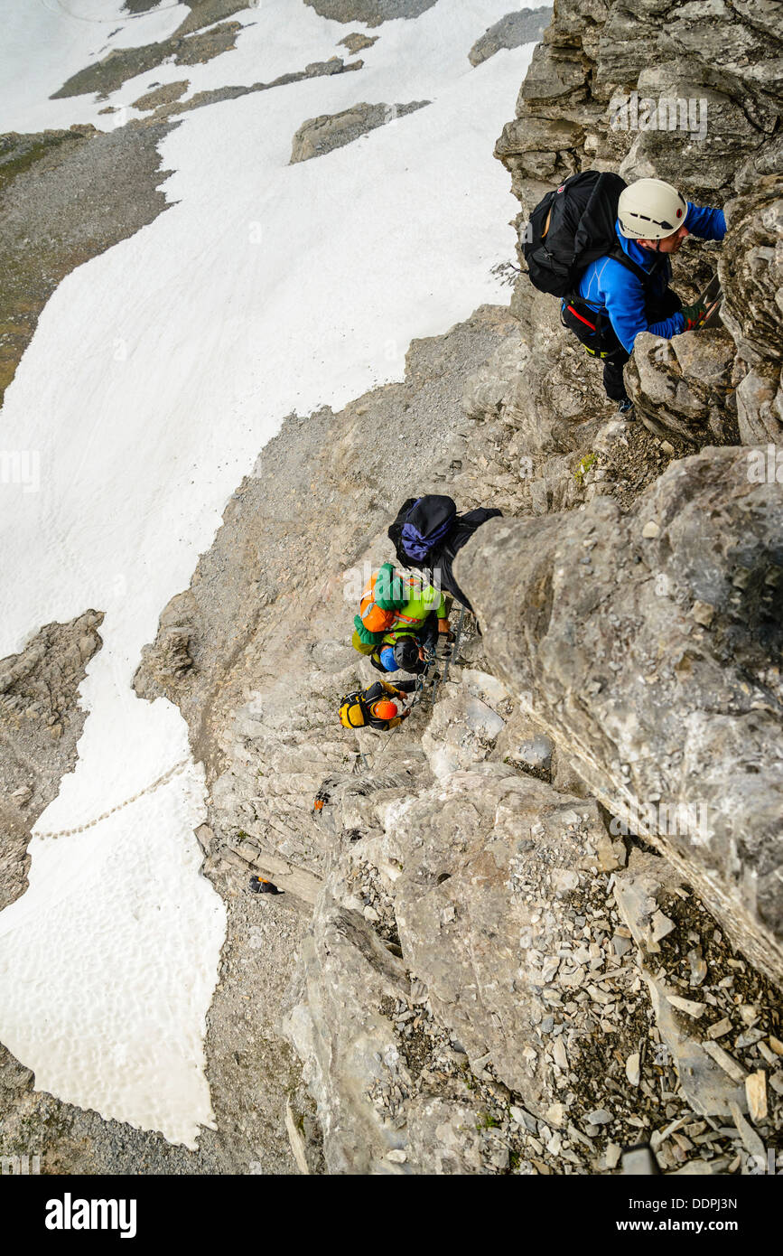 Climbers on the Rotstock Via Ferrata. The Rotstock is a small ...
