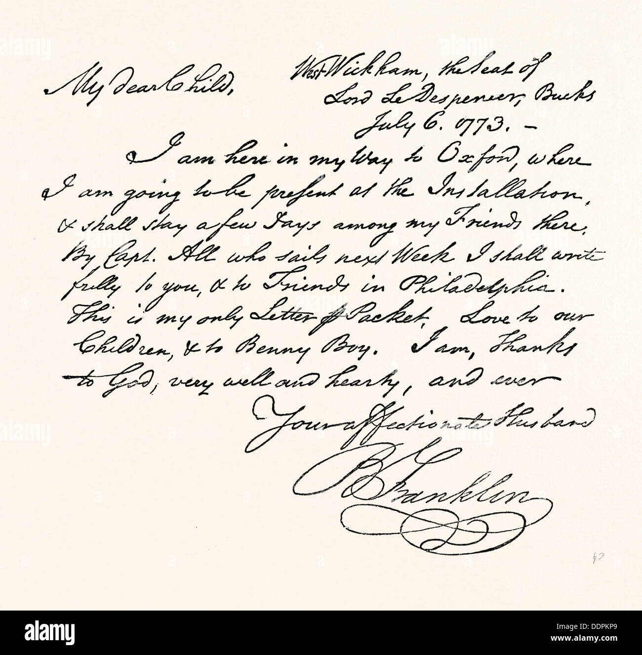 FACSIMILE OF A LETTER FROM BENJAMIN FRANKLIN, US, USA, 1870s engraving ...