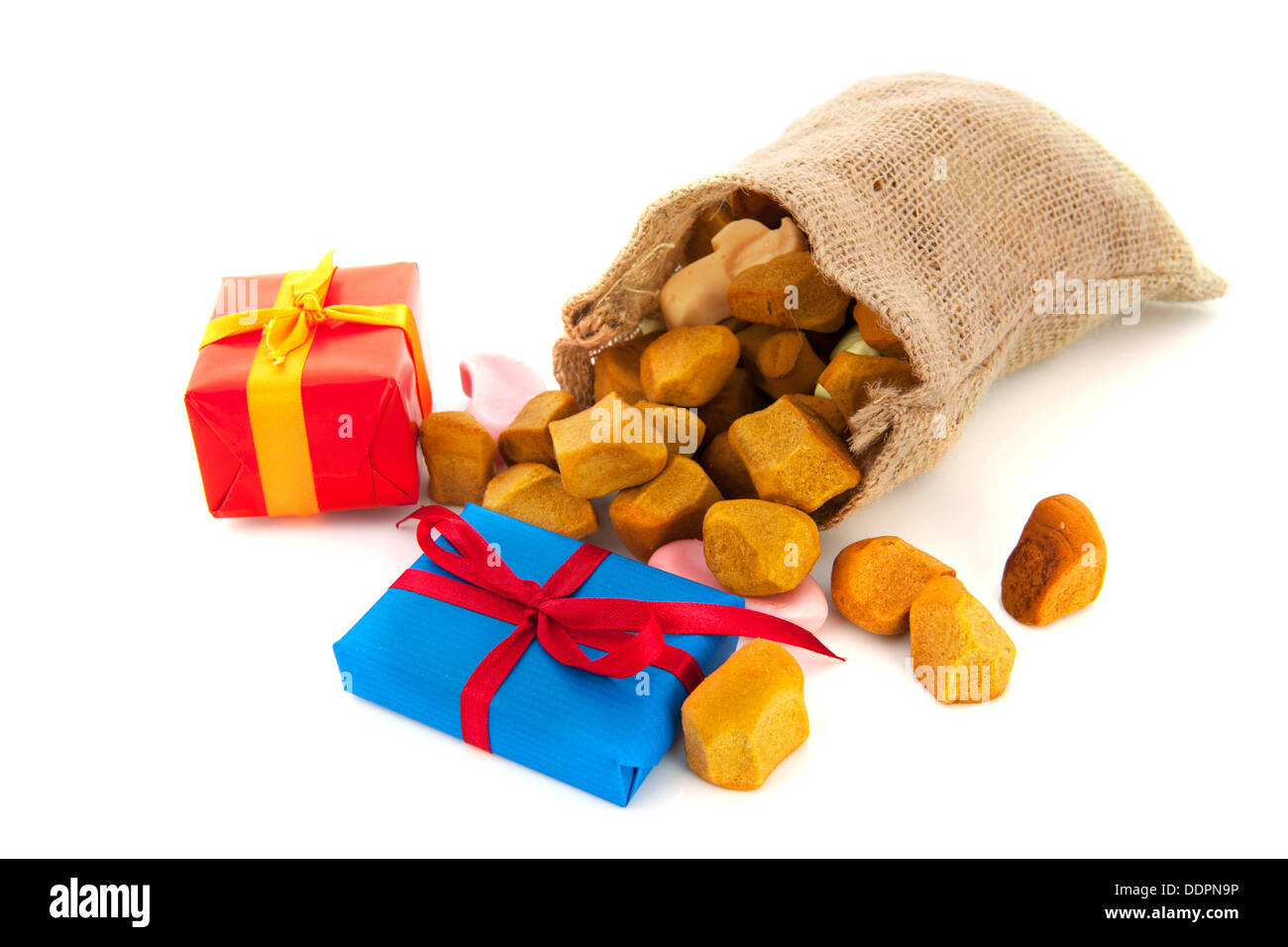 Bag Dutch Sinterklaas presents and pepernoten Stock Photo - Alamy