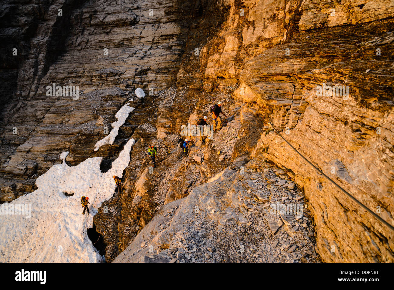 Climbers on the Rotstock Via Ferrata. The Rotstock is a small ...