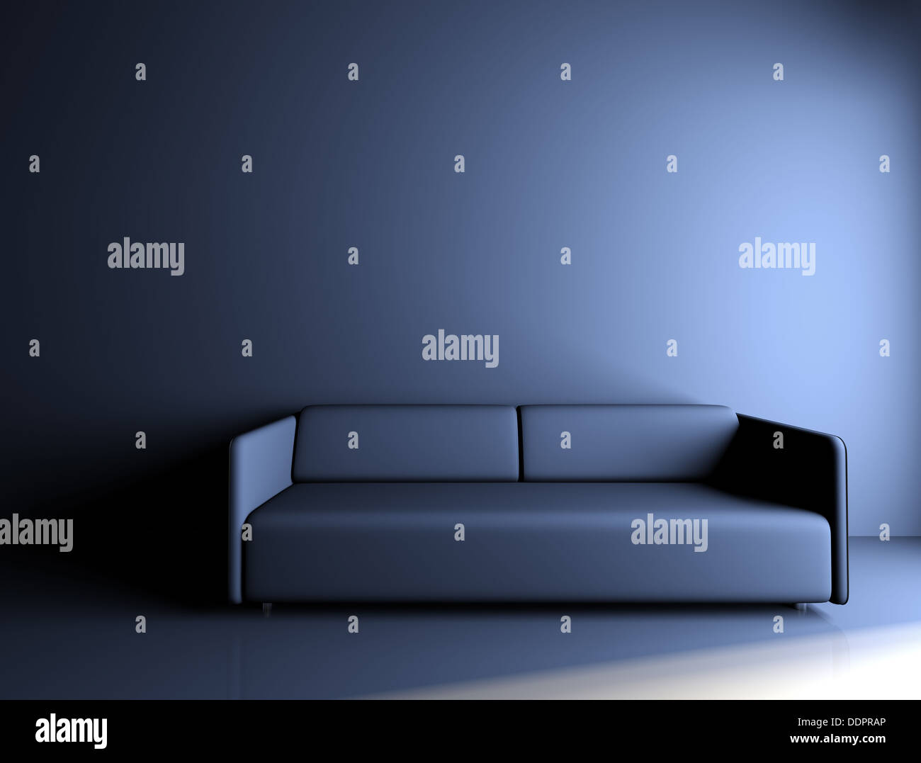 Single blue sofa lit in a dark room Stock Photo - Alamy