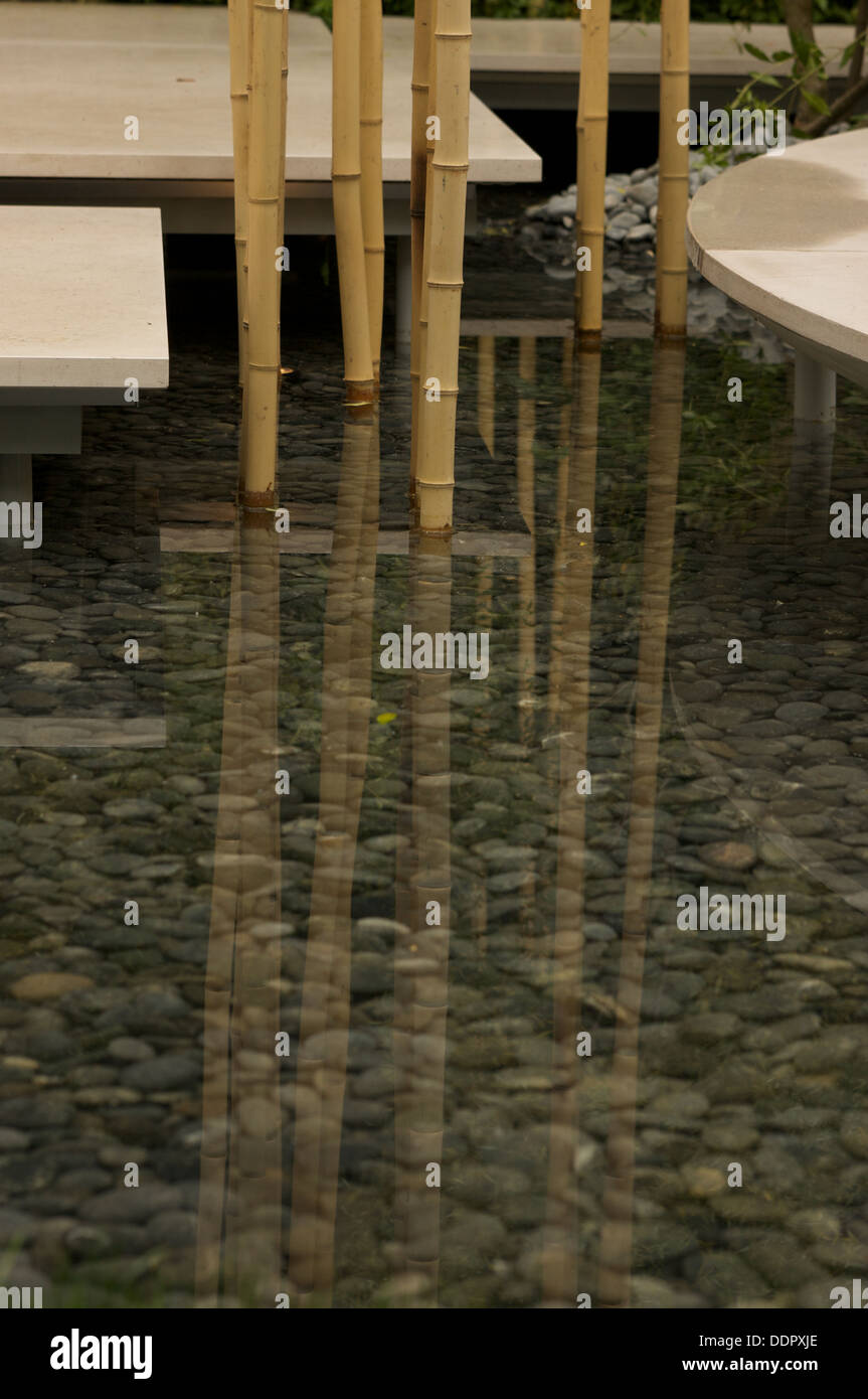 Water garden with bamboo reflection on pool hi-res stock photography ...