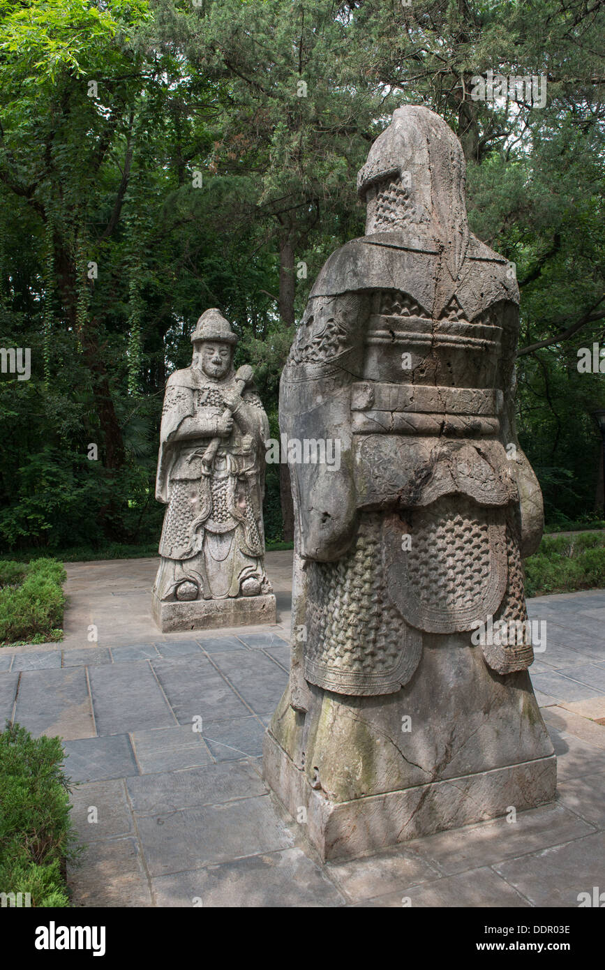 Ming Tombs, Nanjing, China. Statues of warriors and guardians on the ...
