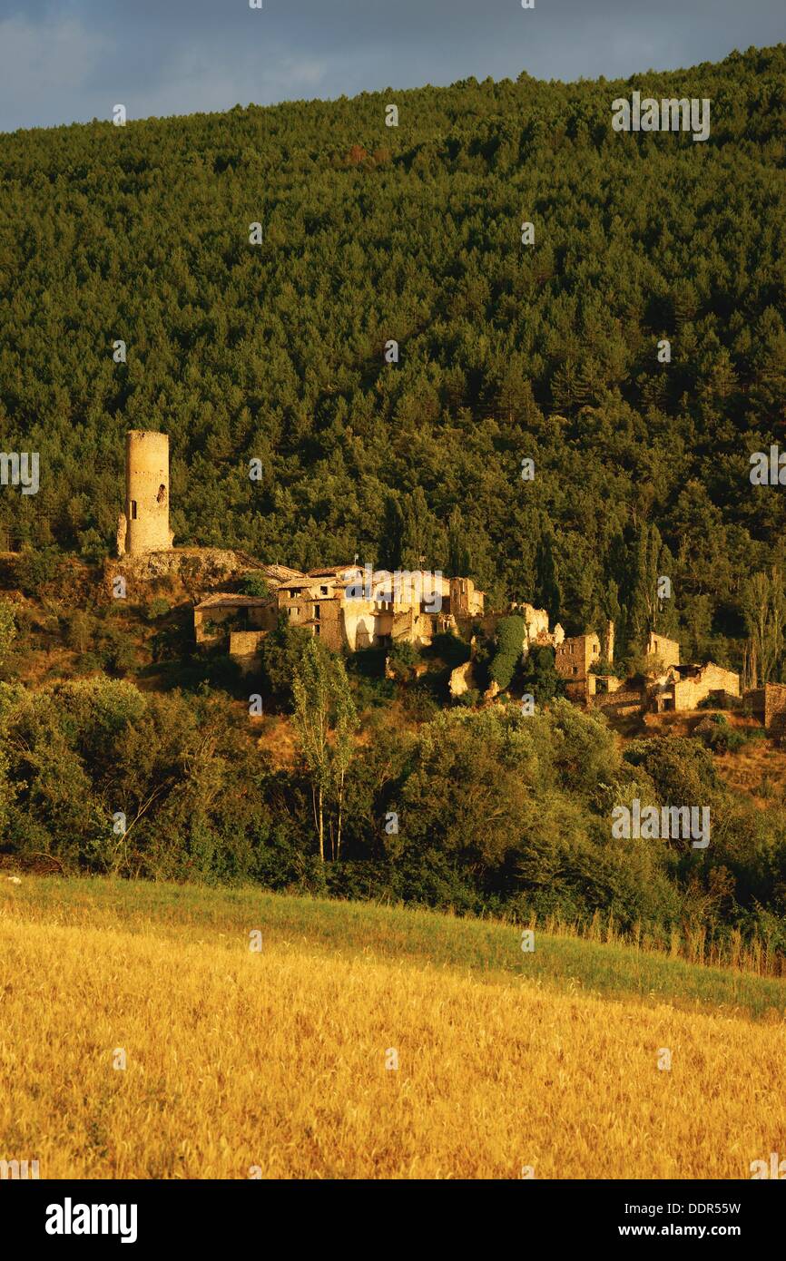 Alsamora XI century cylindrical tower Montsec Massif Lleida Pyrenees ...
