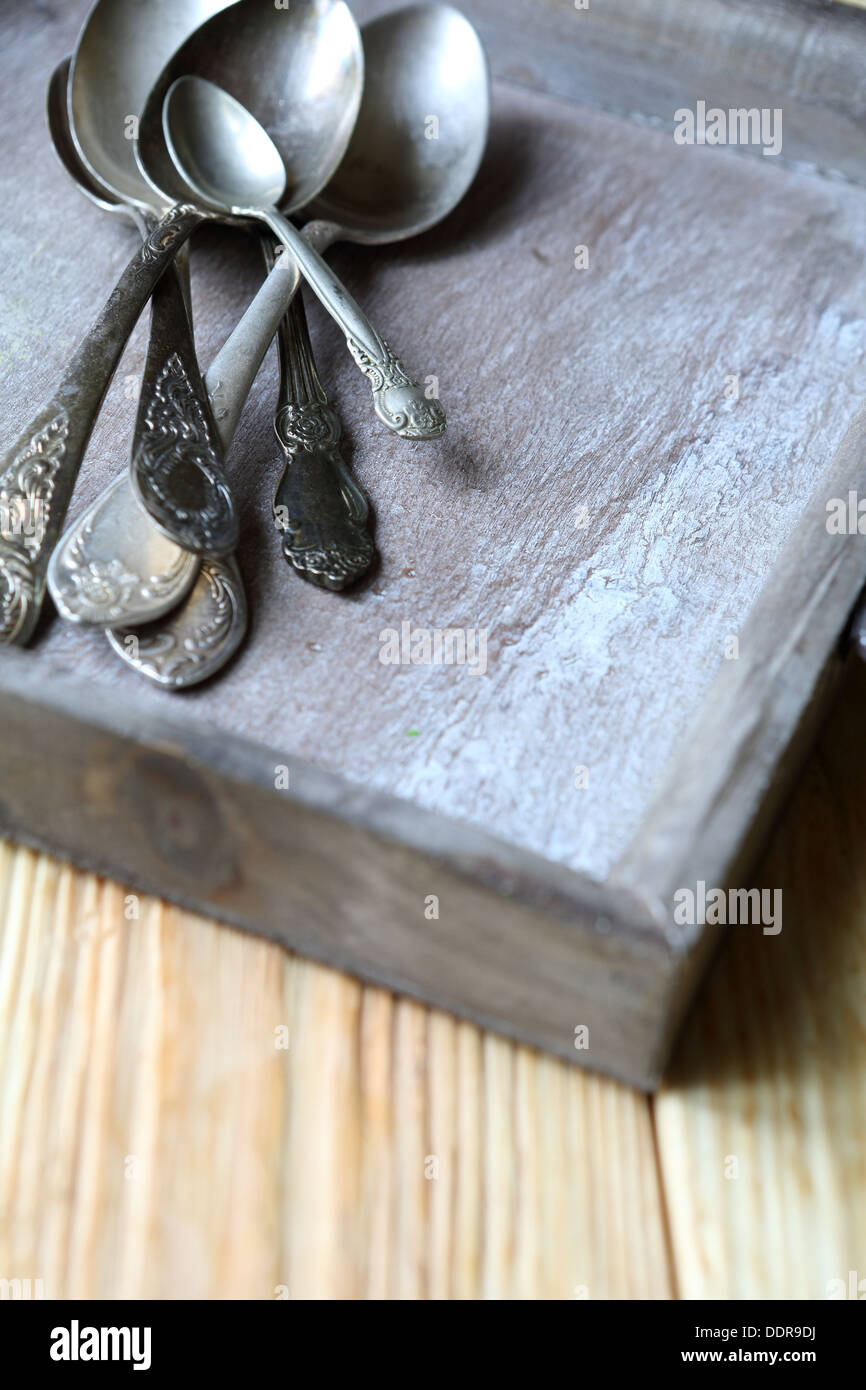 old spoons in a wooden tray, food close up Stock Photo - Alamy