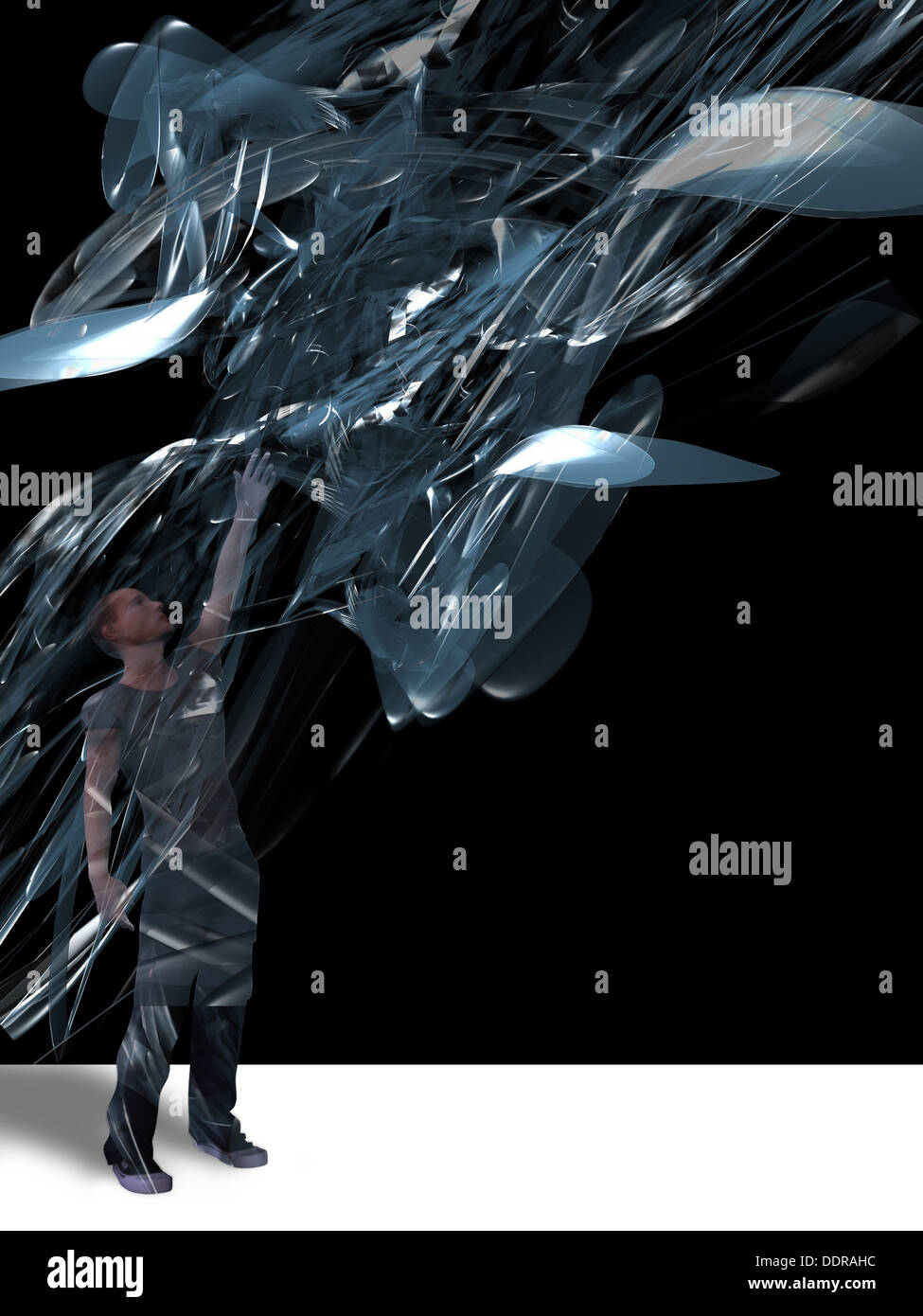 Man reaching out to touch abstract metallic design Stock Photo - Alamy