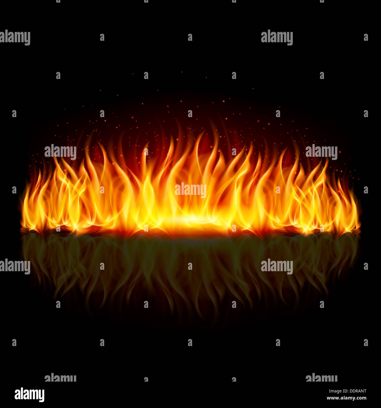 Wall of fire with weak reflection on black background Stock Photo - Alamy