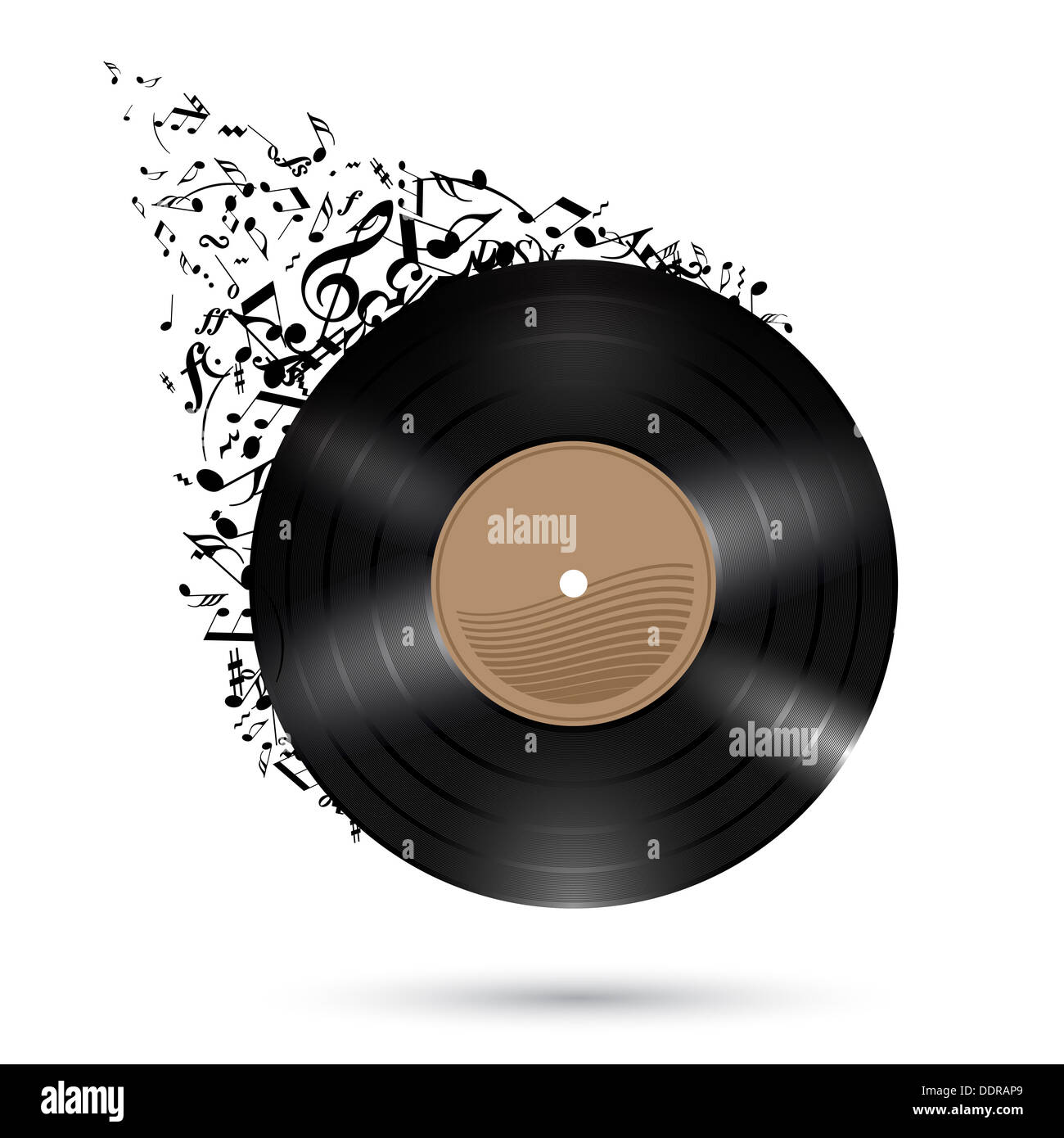 Vinyl record with music notes flying up. Illustration on white ...