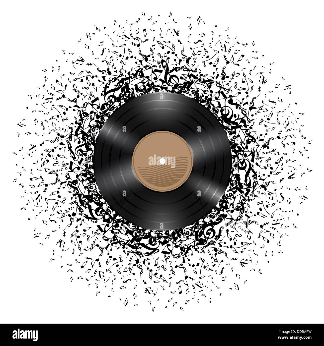 Vinyl disc with mass of music notes around it. Illustration on white ...