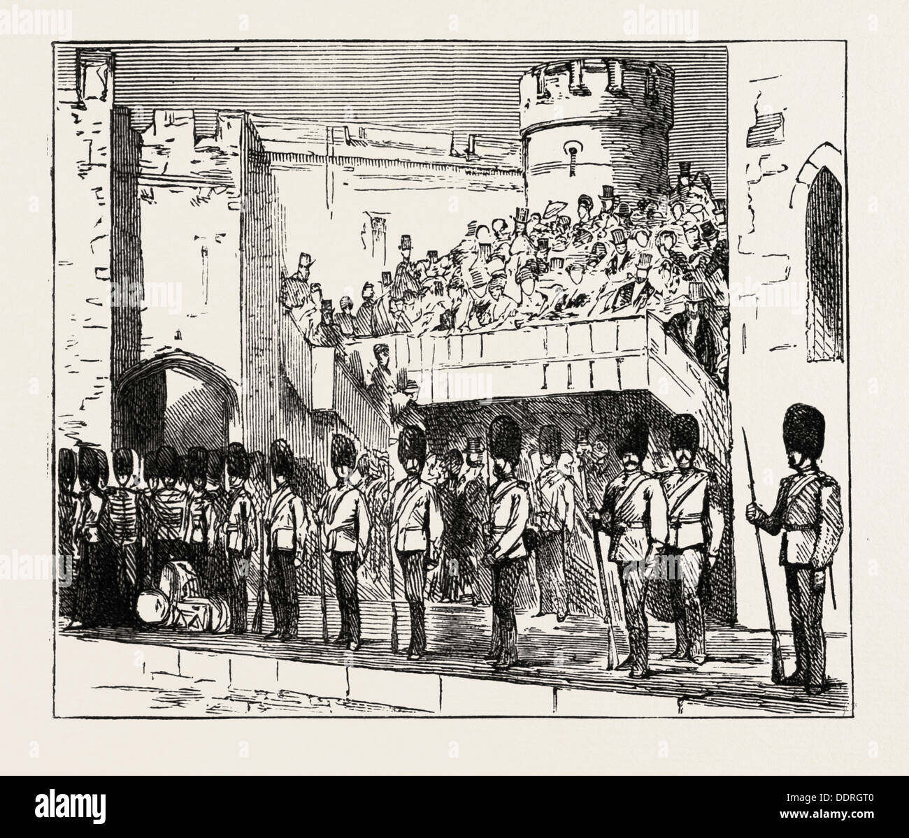 WAITING FOR THE SHAH AT THE TOWER, LONDON, UK, 1873 engraving Stock ...