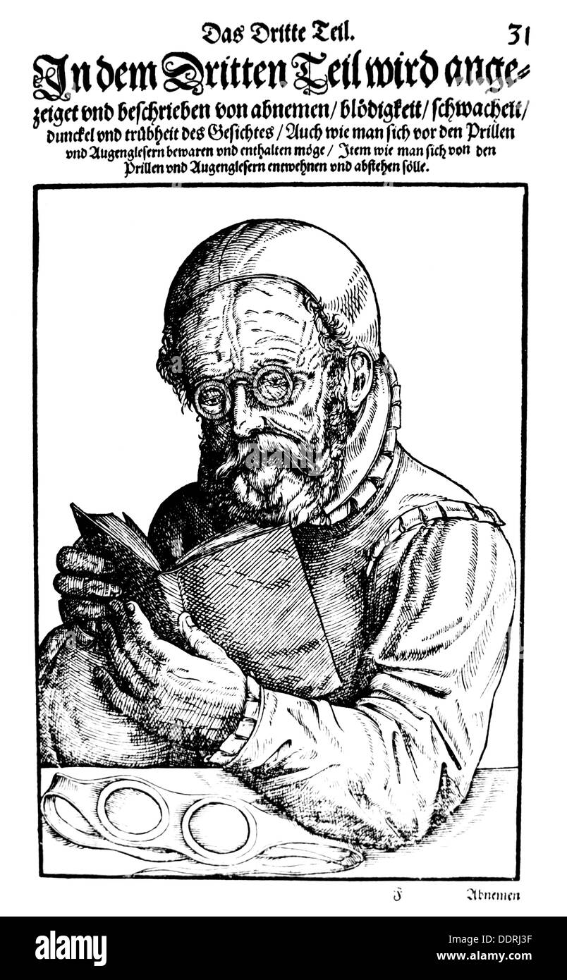 medicine, ophthalmology, man with glasses reading, woodcut, from: Georg ...