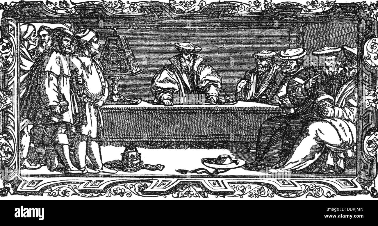 justice, courtroom scenes, court hearing, woodcut, 16th century, 16th ...