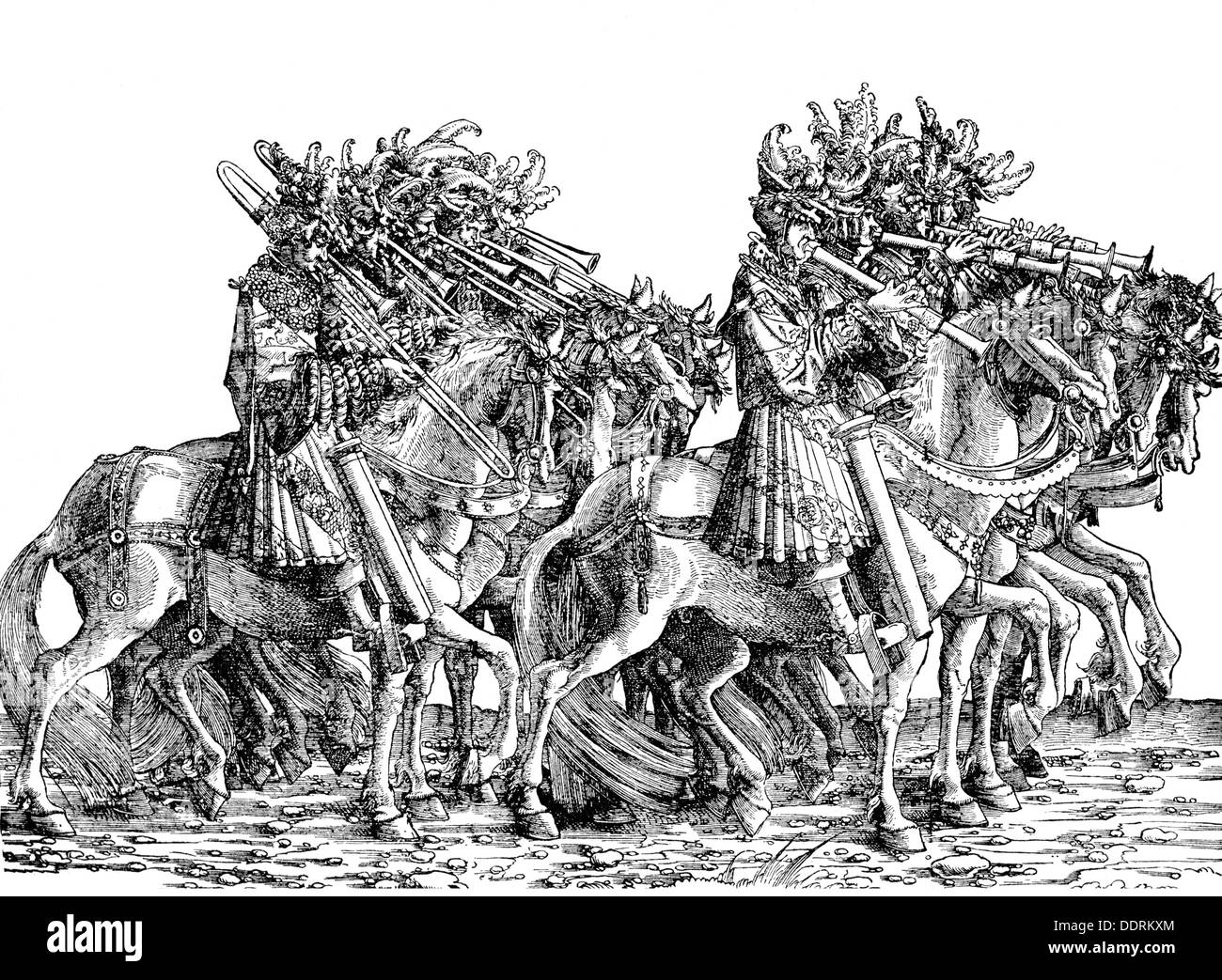 music, musicians, trombone blowers and Burgundian pipers, woodcut ...