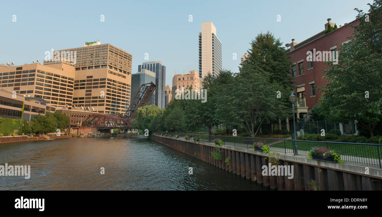 Skyscrapers in a city, Chicago-Sun Times, Chicago River, Chicago, Cook ...