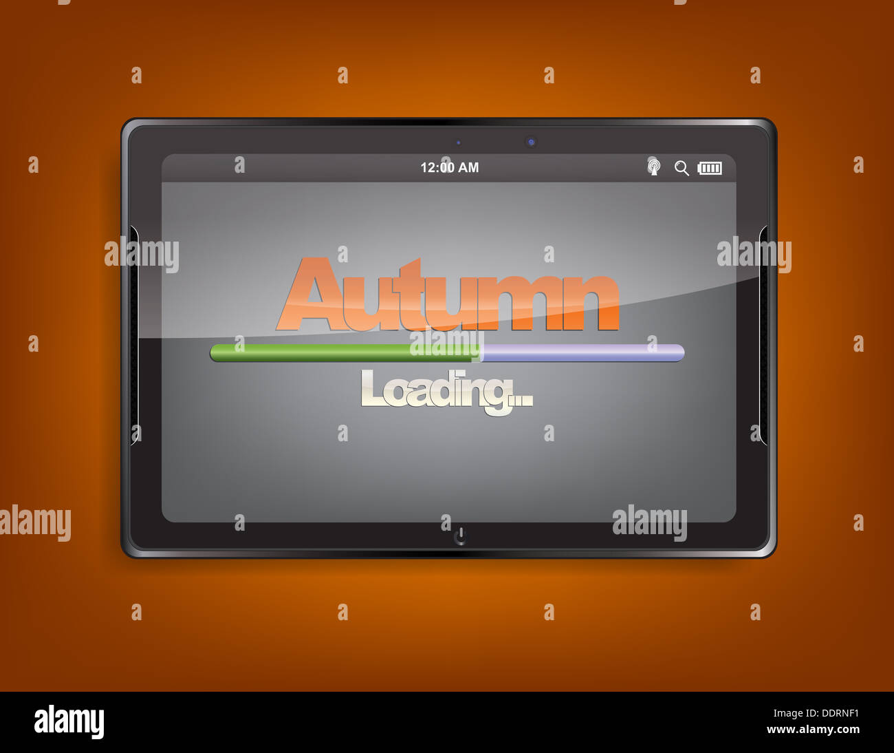 Tablet computer with the message "Autumn" and a loading bar on the ...