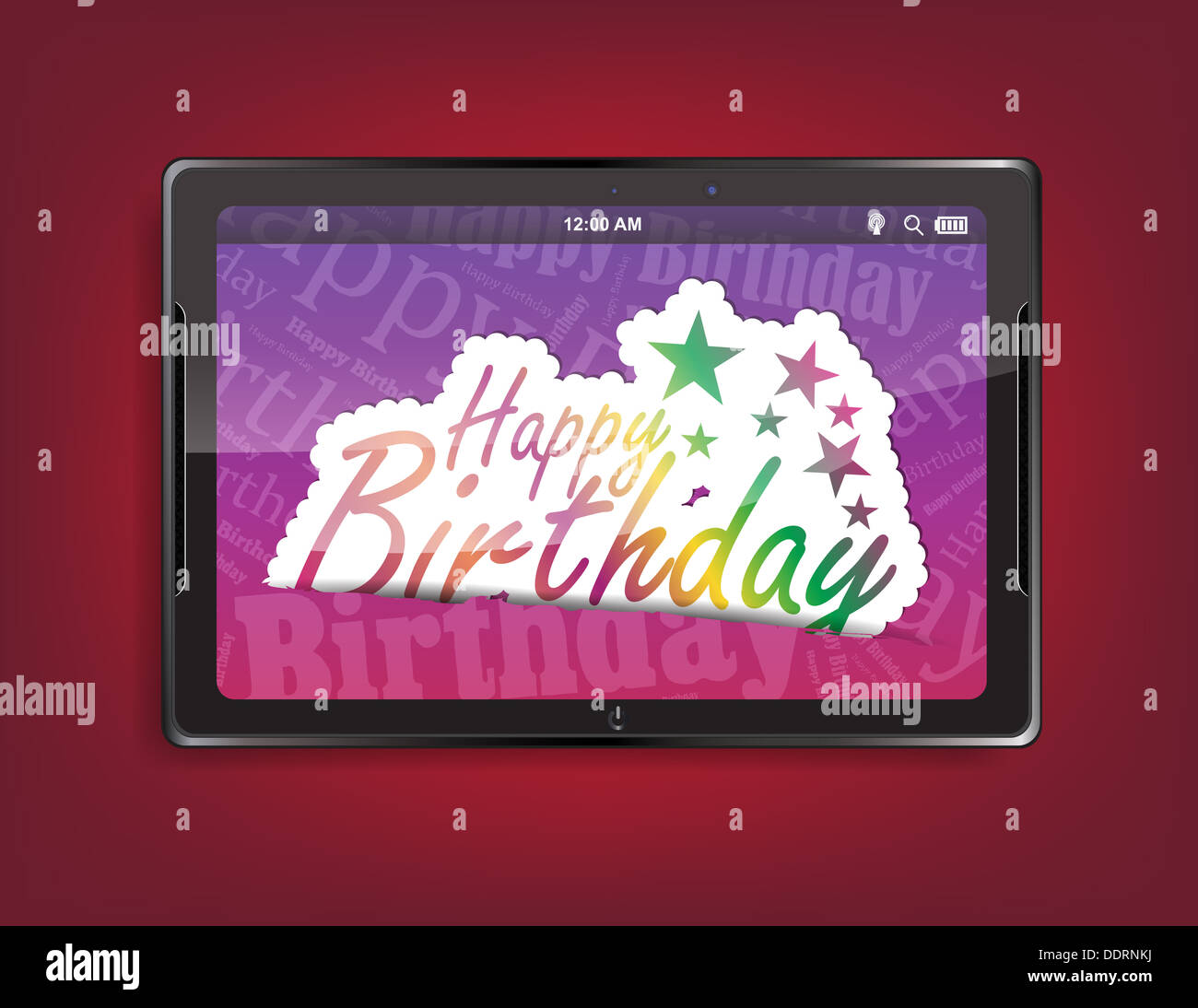 Tablet computer with the message "Happy birthday" on a red background ...