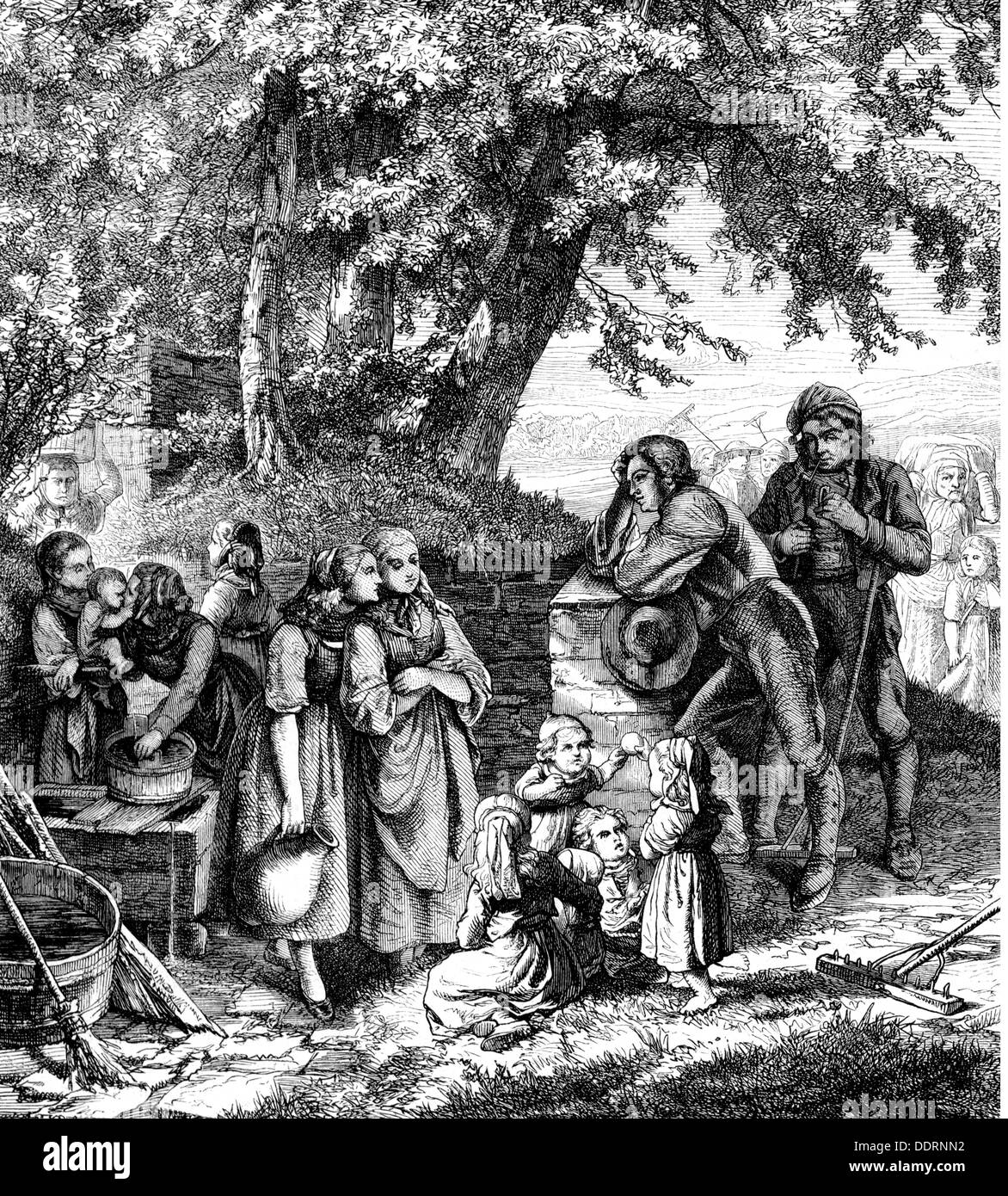 agriculture, country life, washing place, wood engraving by Jakob ...