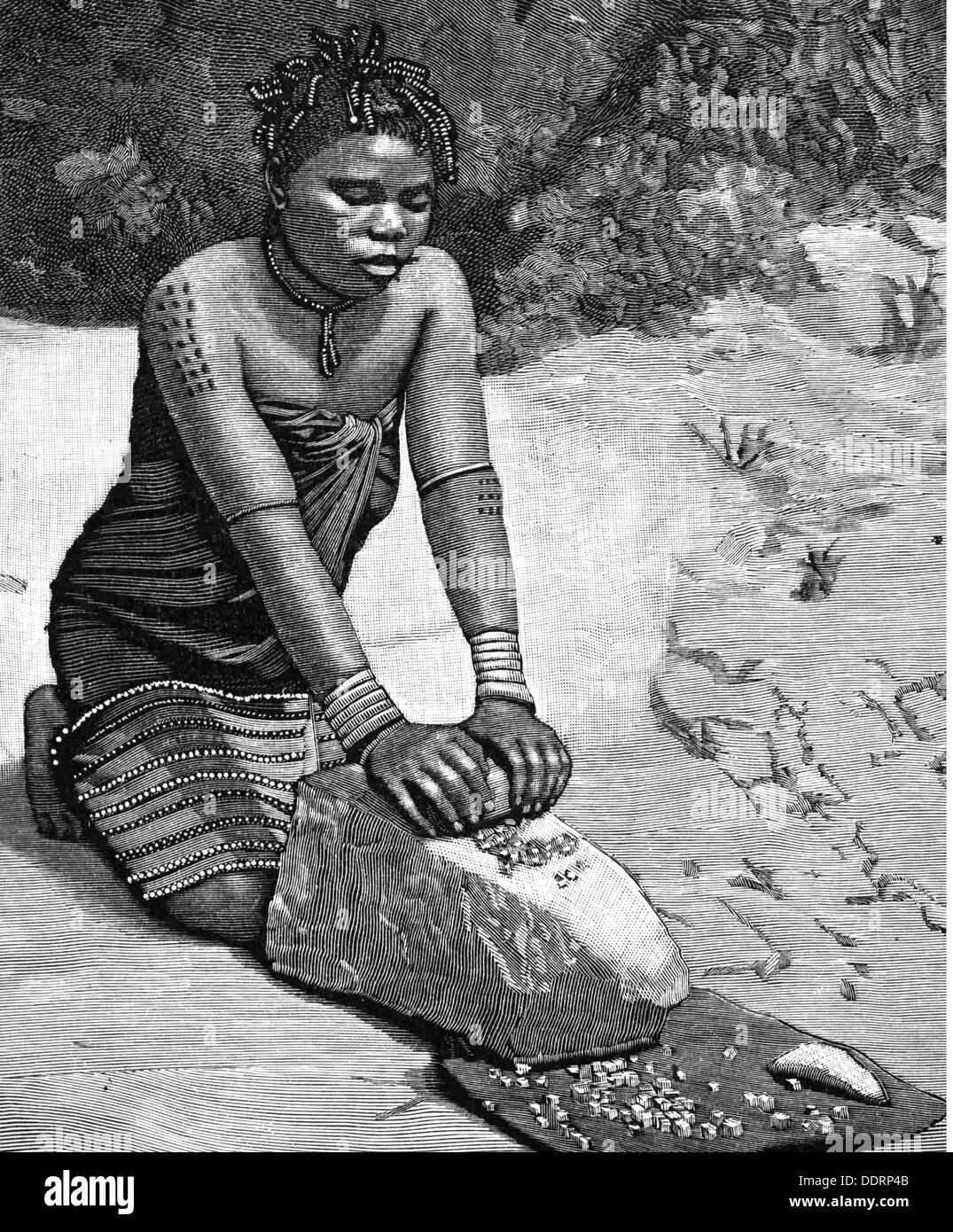 food, flour, grinding with a quern-stone, Xhosa in Natal, wood ...