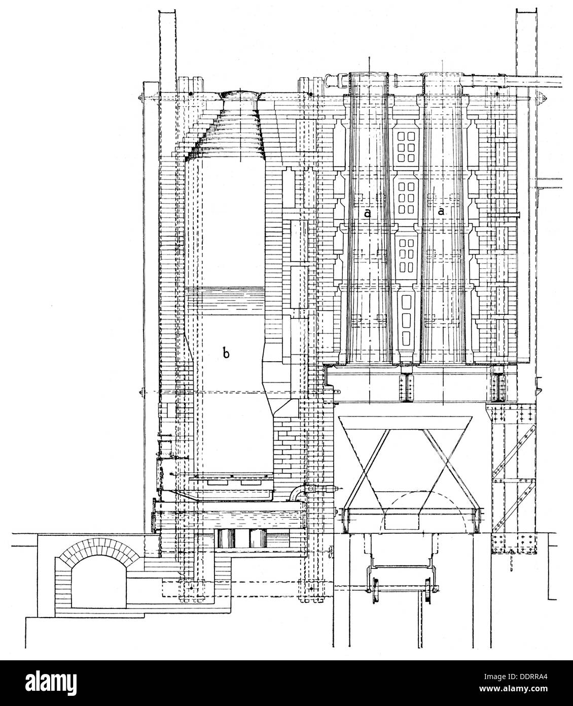 energy, gas, cut through vertical furnace for gas coke, drawing, circa ...