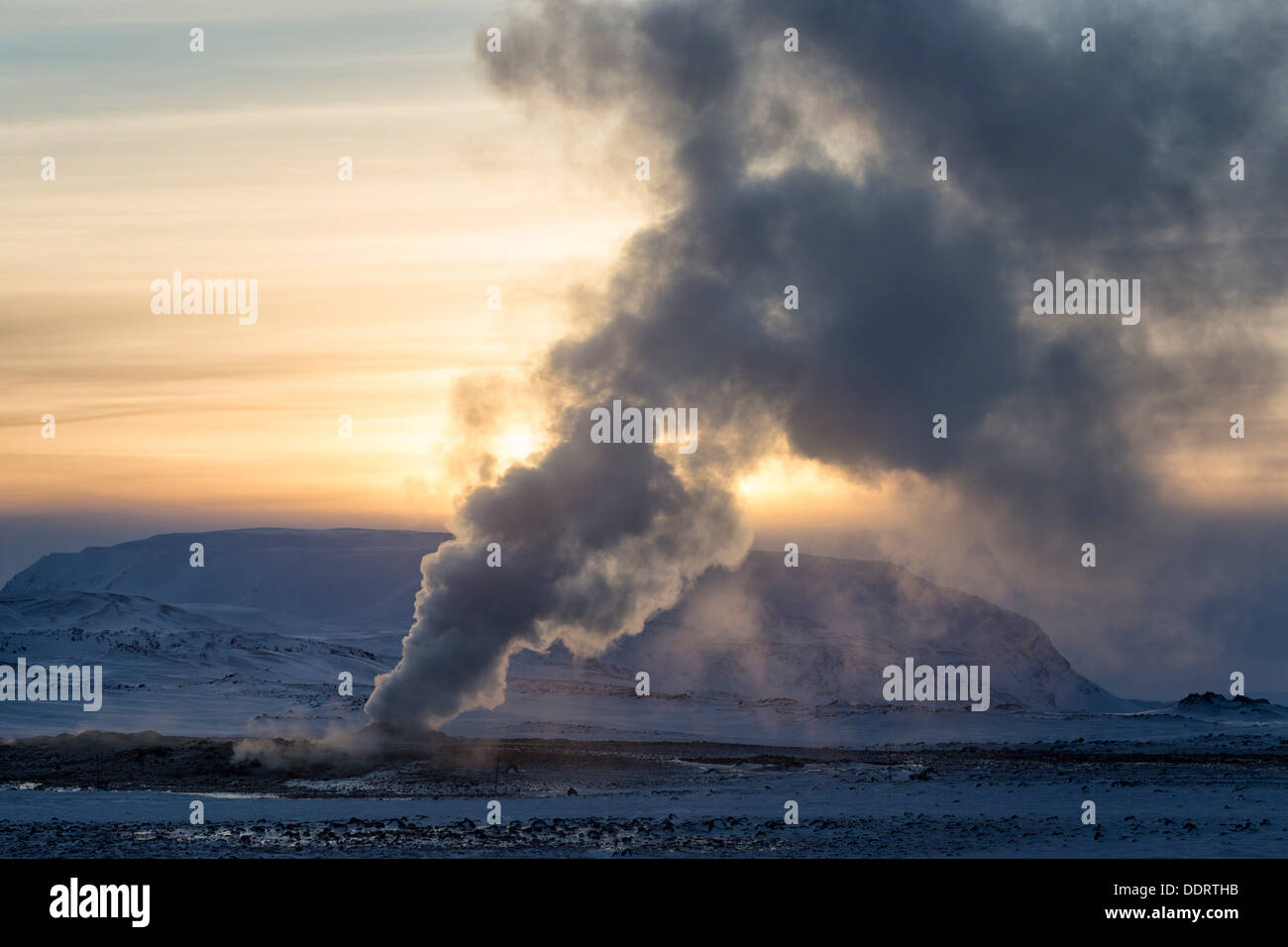 Steam columns from geothermal fumaroles at sunset, Krafla, Icela Stock ...