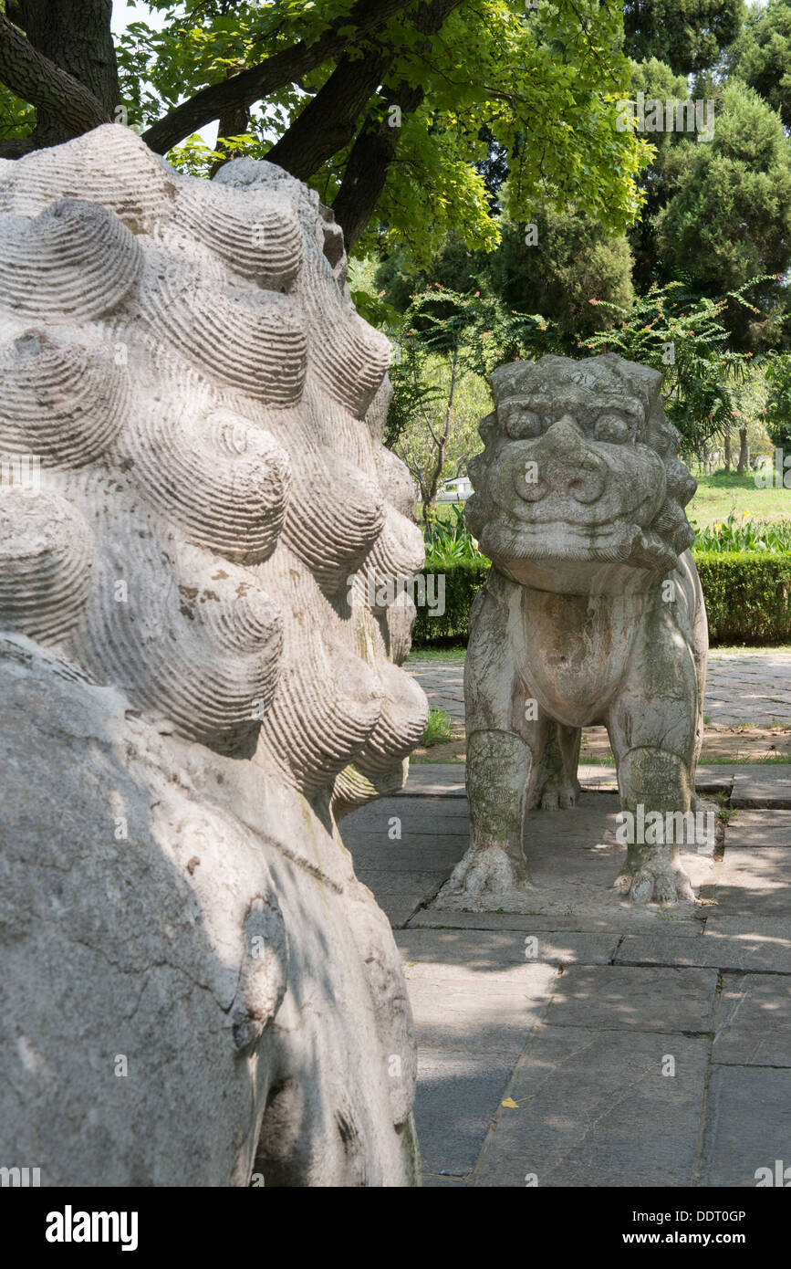 Ming Tombs, Nanjing, China. Statues of lions on the Elephant Road Stock ...