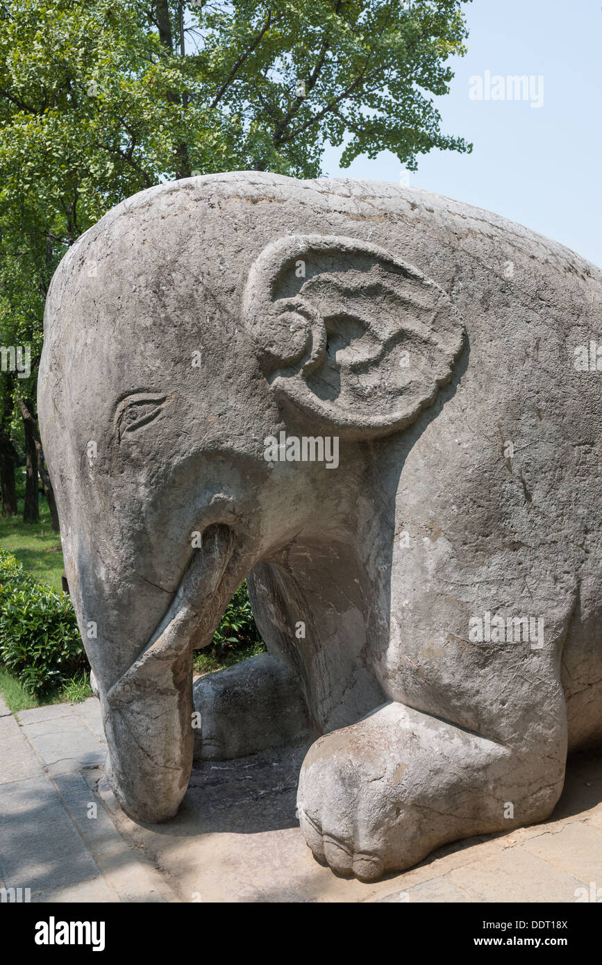 Ming Tombs, Nanjing, China. Statues of an elephant on the Elephant Road ...