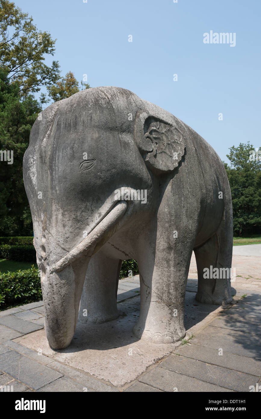 Ming Tombs, Nanjing, China. Statues of an elephant on the Elephant Road ...
