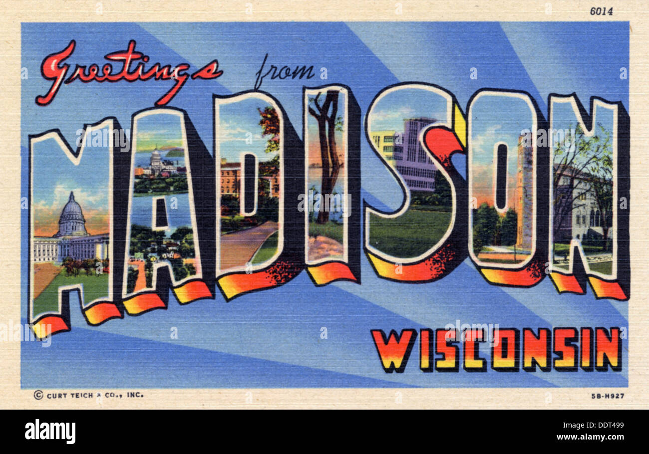 'Greetings from Madison, Wisconsin', postcard, 1945. Artist: Unknown ...