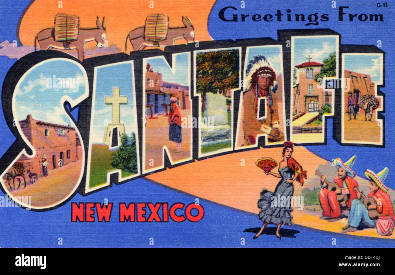 'Greetings from Santa Fe, New Mexico', postcard, 1937. Artist: Unknown ...