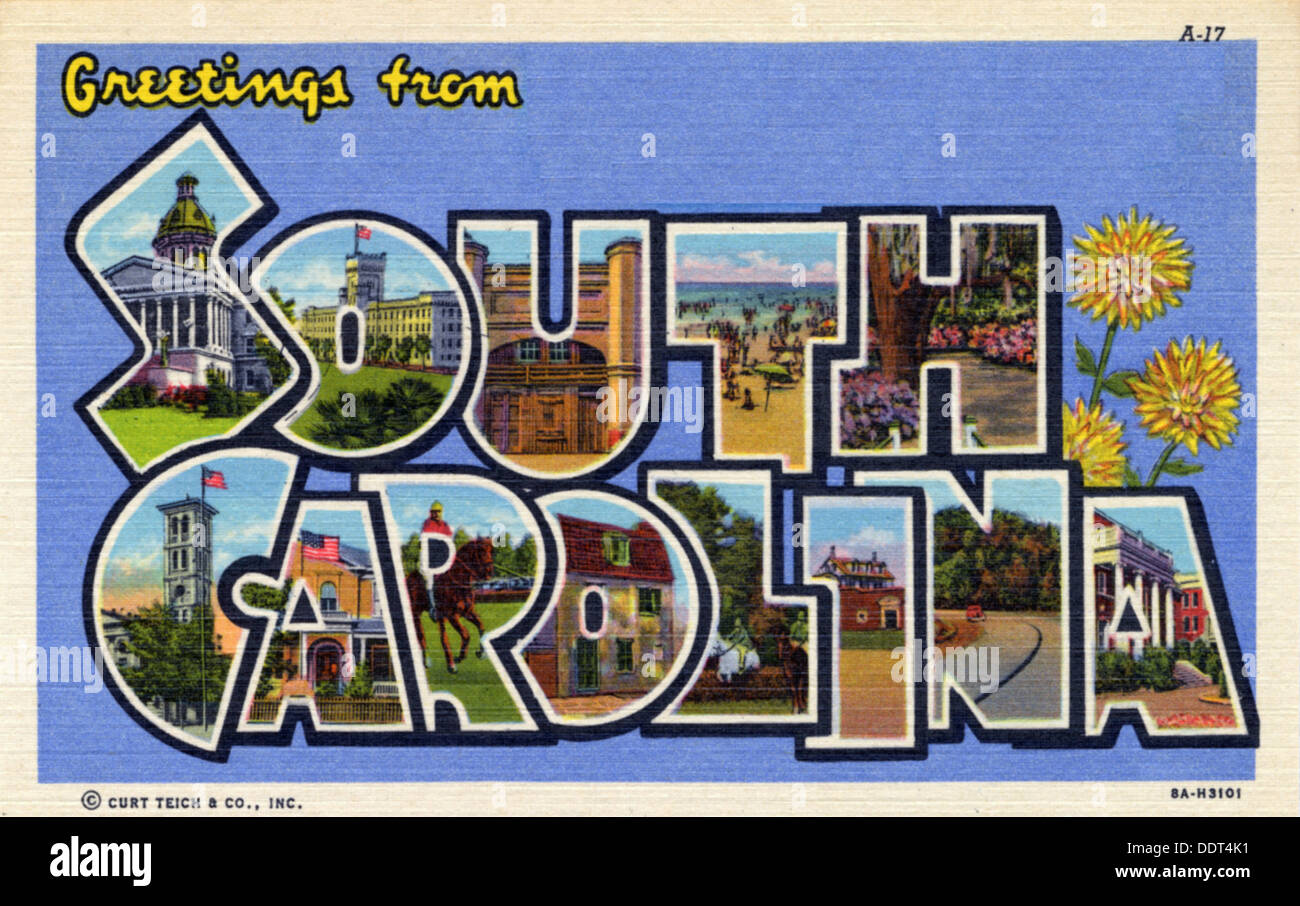 'Greetings from South Carolina', postcard, 1938. Artist: Unknown Stock ...
