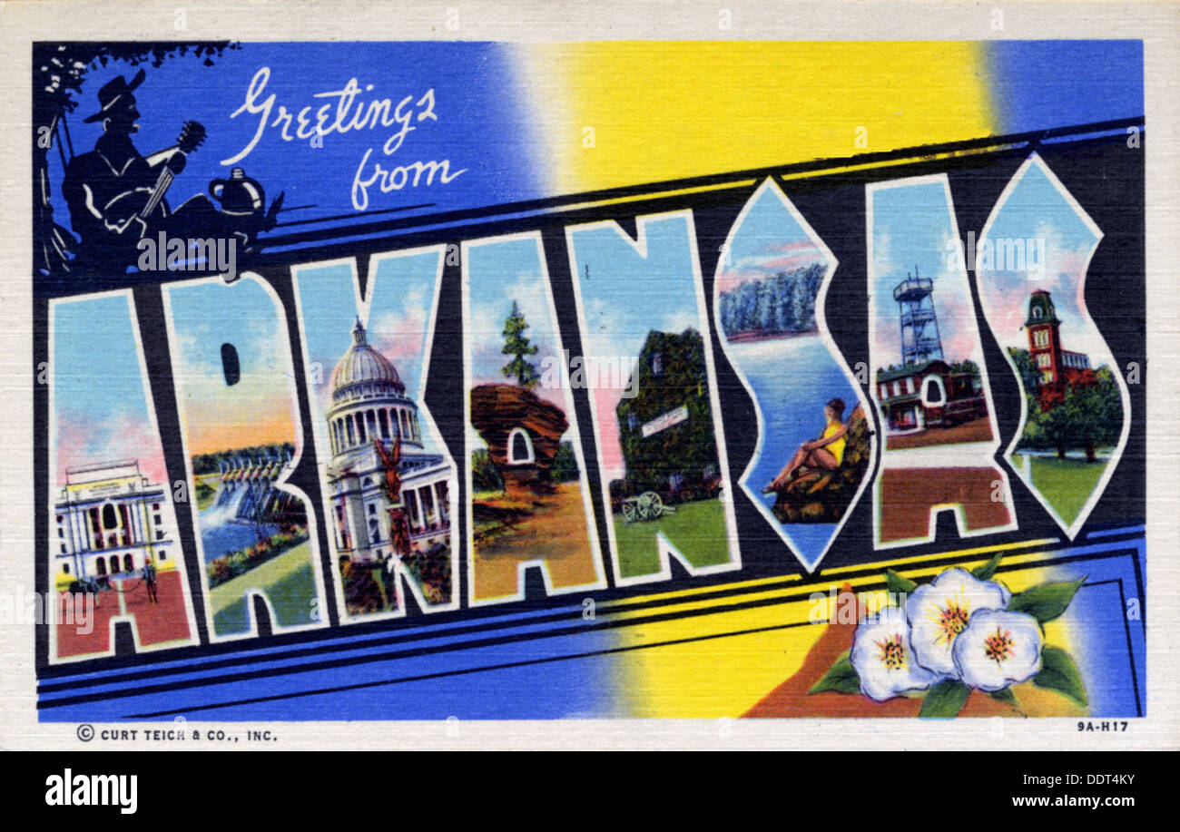 'Greetings from Arkansas', postcard, 1939. Artist: Unknown Stock Photo ...