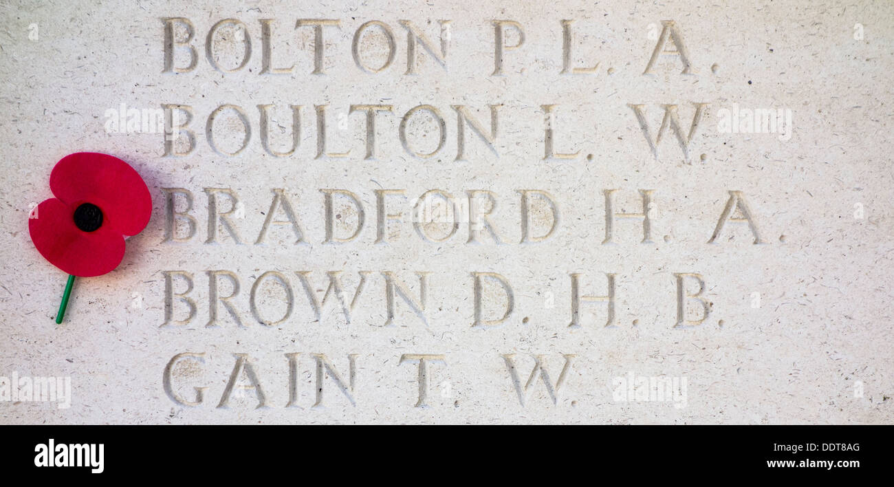 Poppy and names at First World War One Tyne Cot Memorial to the Missing ...