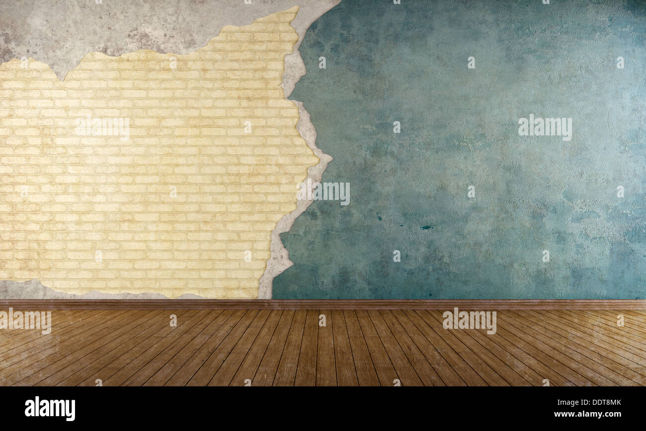 Empty room with old cracked wall and brick - rendering Stock Photo - Alamy