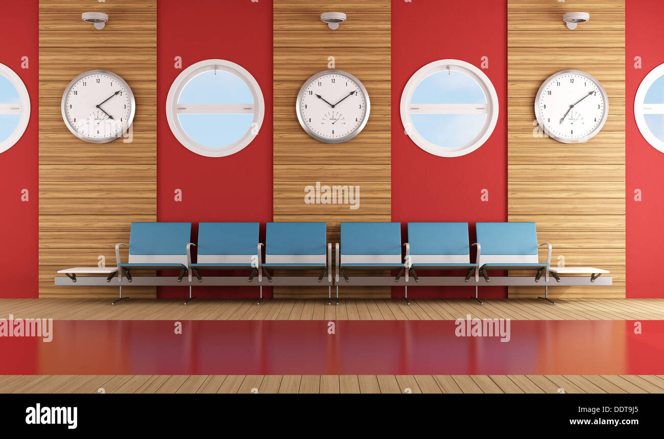 Contemporary waiting room with blue chair and red wall - rendering ...