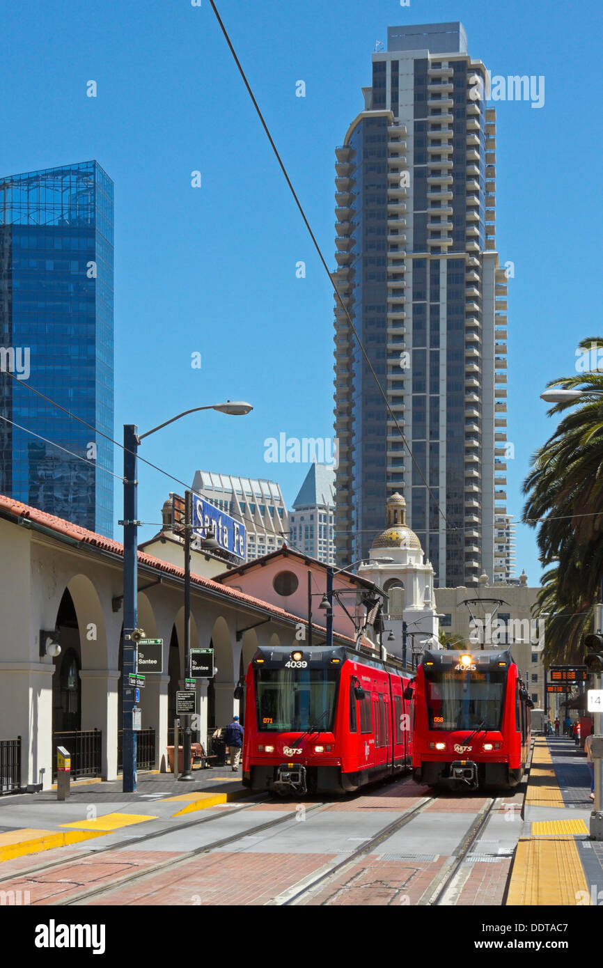Two red trolley on station in downtown San Diego, California, USA Stock ...