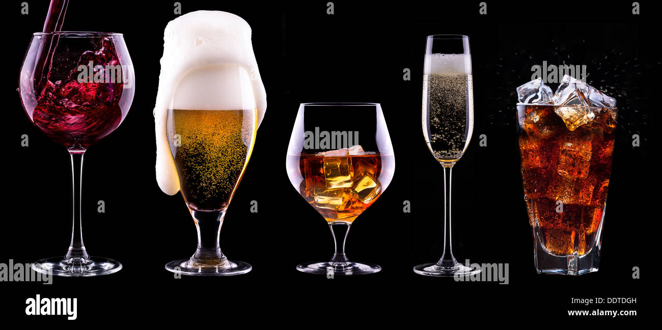 alcohol drinks set isolated on a black background - beer,wine,champagne ...