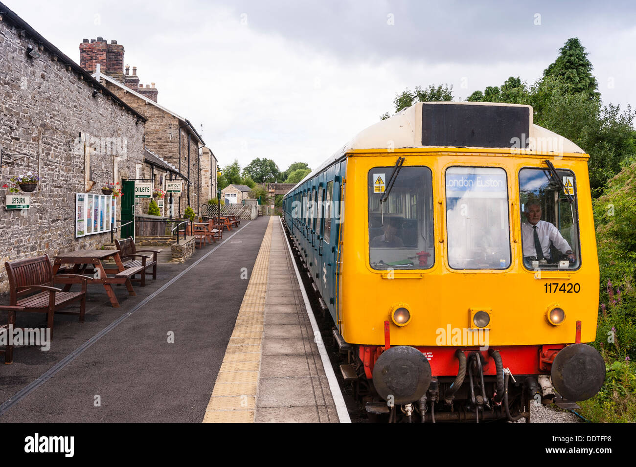 A diesel train engine at the Leyburn Station on the Wensleydale Railway ...
