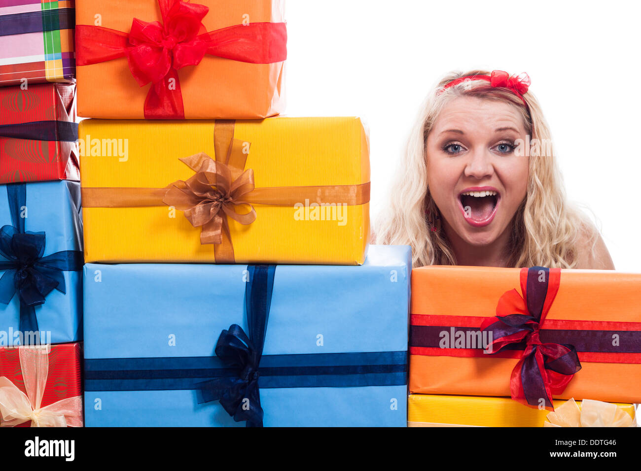 Shocked woman with many presents, isolated on white background Stock ...