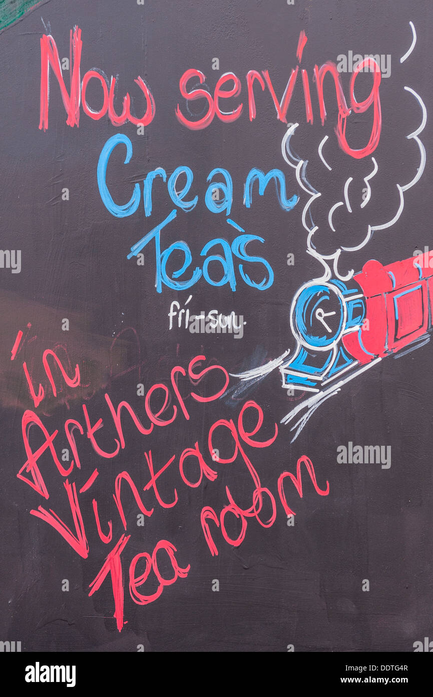 A sign advertising cream teas at Arthers Vintage Tea Room on the ...