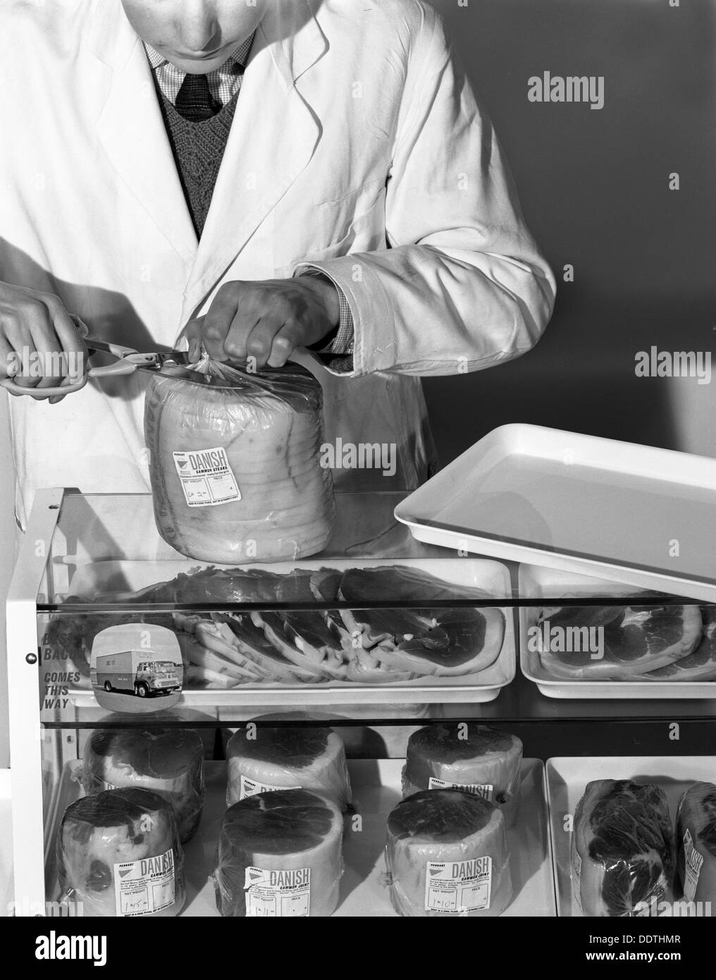 Pre-packed gammon steaks, Danish Bacon Company, Yorkshire, 1964. Artist ...