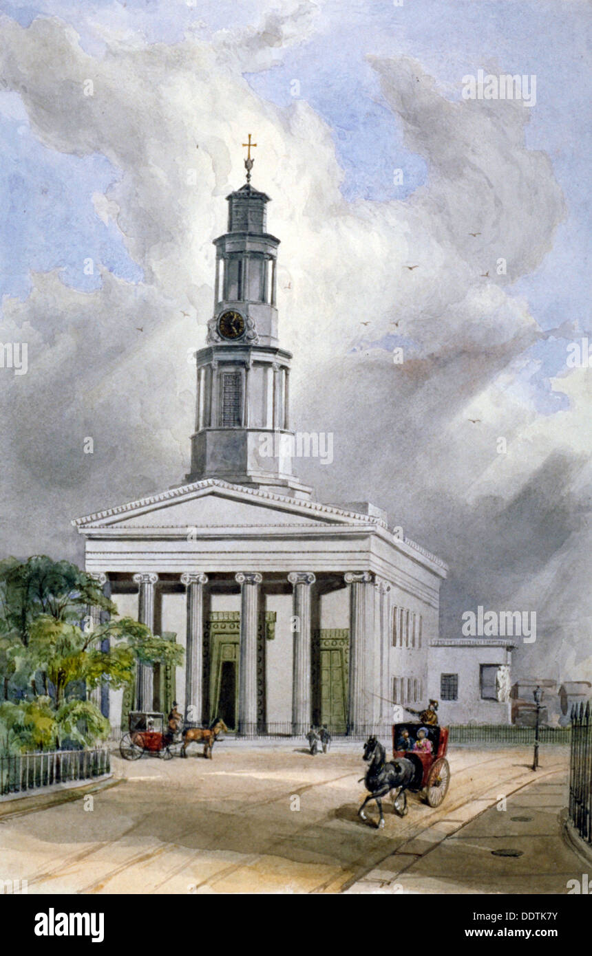 View of St Pancras New Church with carriages on Euston Road, London ...