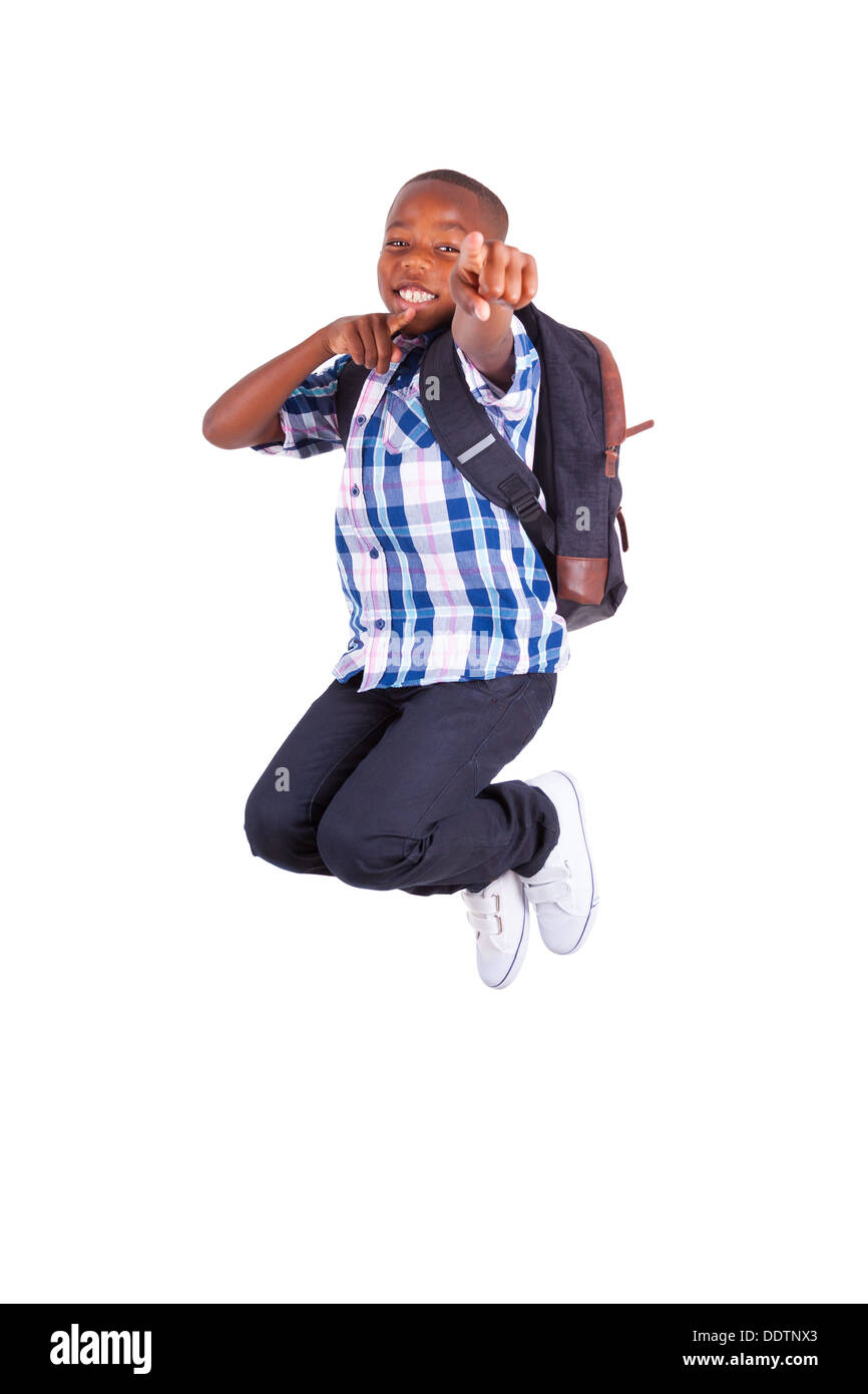 African American school boy jumping , isolated on white background ...