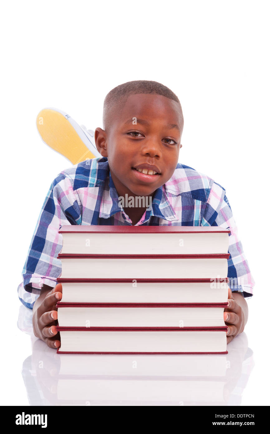 African American school boy with stack a book, isolated on white ...