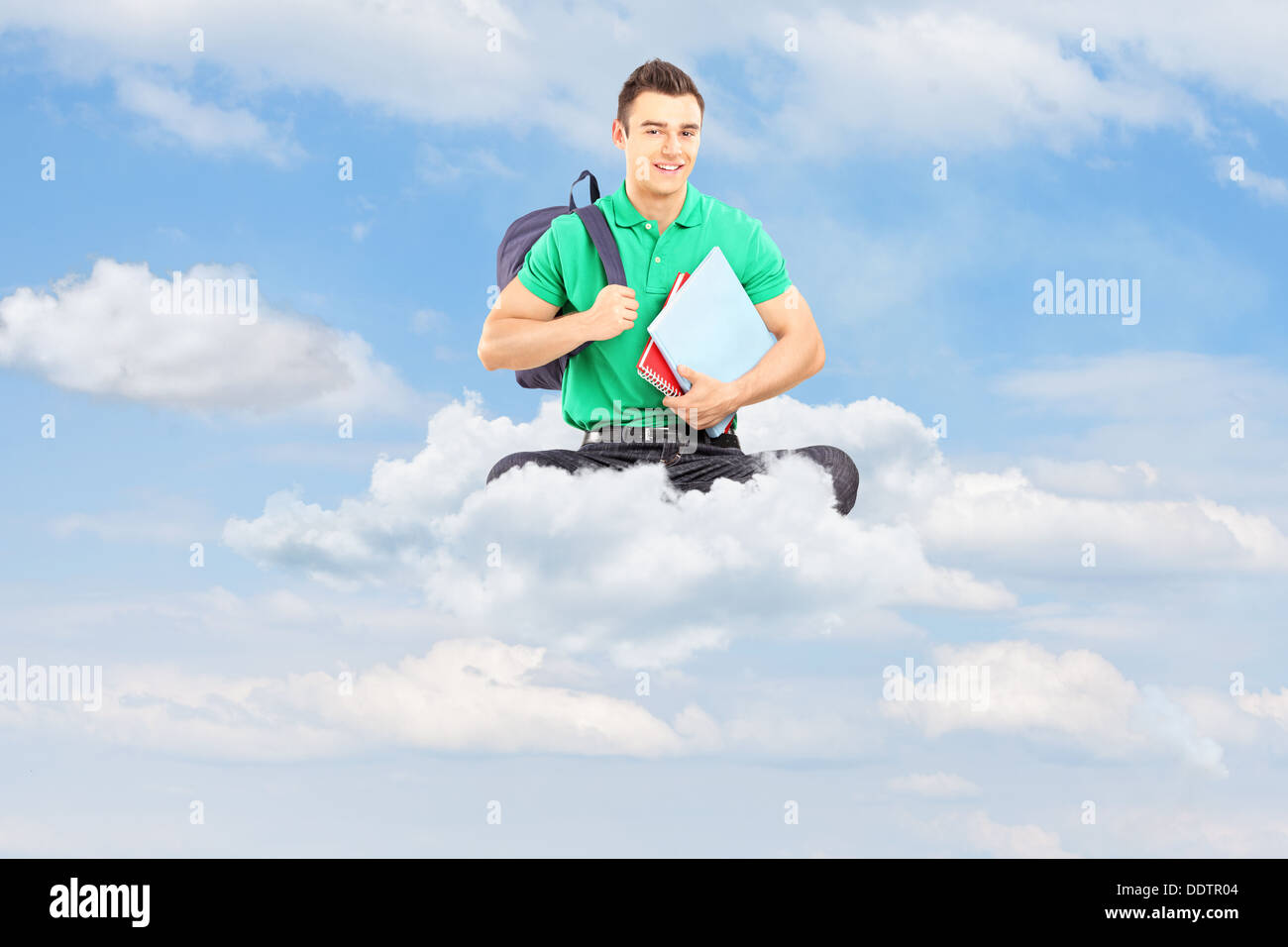 Young male student with bag and notebooks sitting on a cloud Stock ...