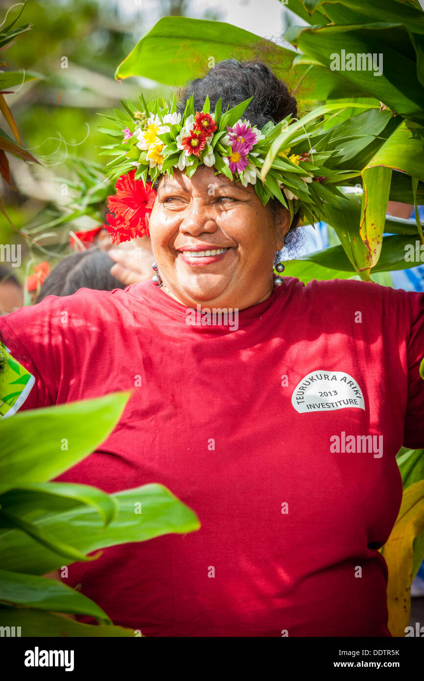 Aitutaki island, a woman wears a floral headband and a smile during ...