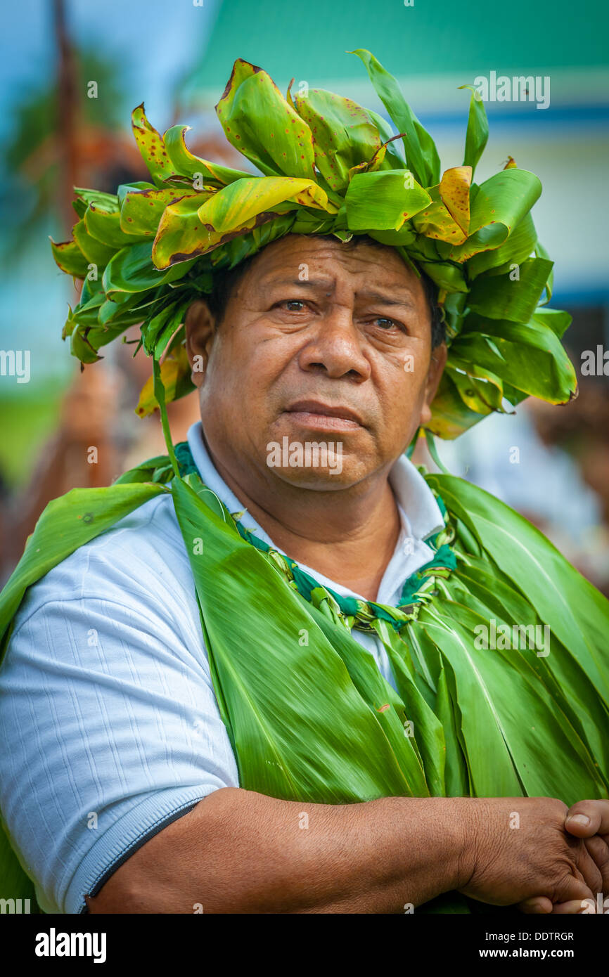 Aitutaki island, Makirau Haurua in traditional costume during his ...