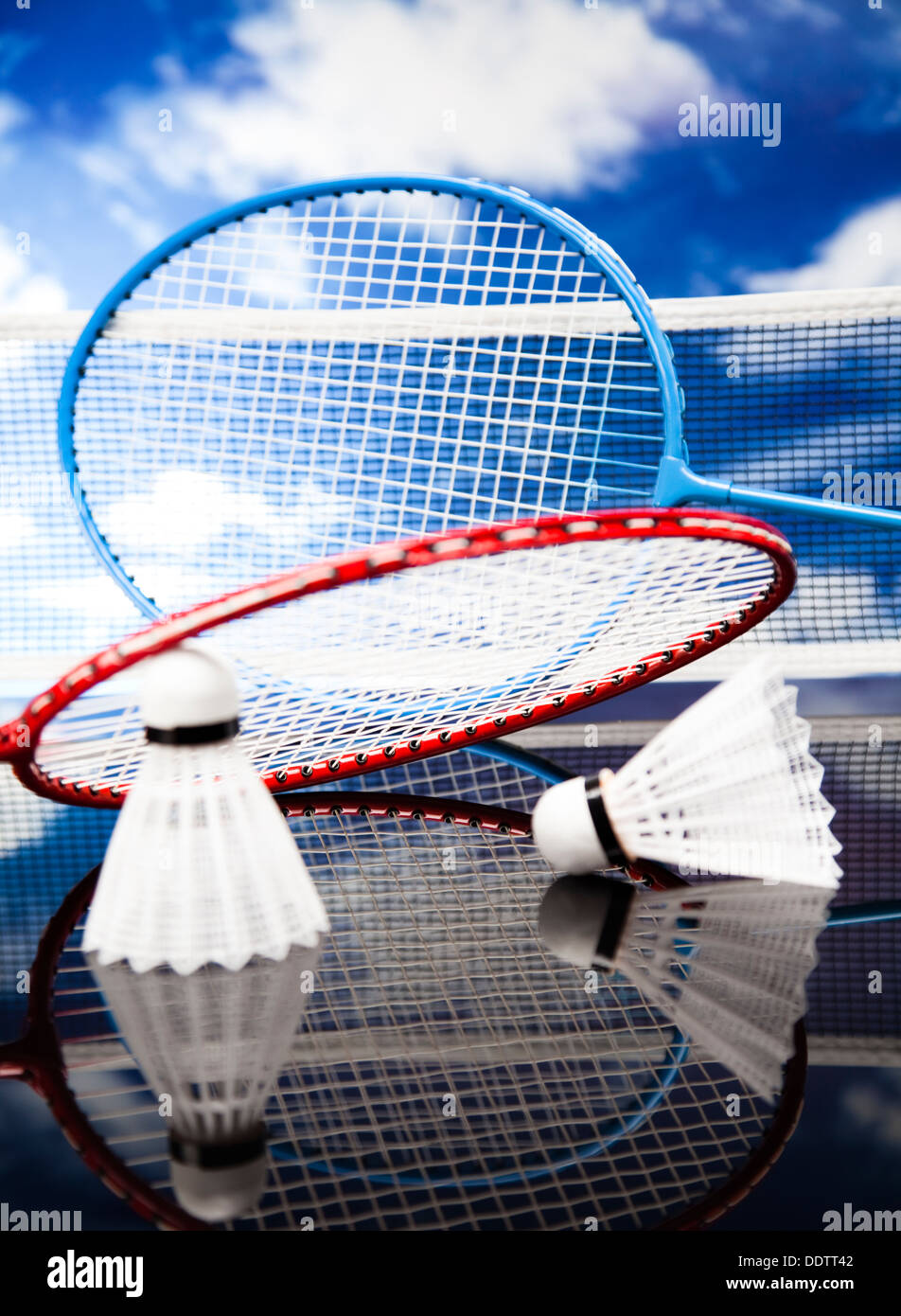 Shuttlecock on badminton racket Stock Photo - Alamy