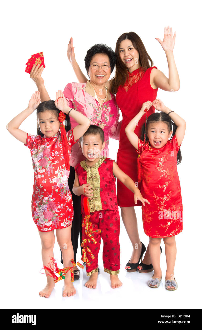Group of happy smiling multi generations Asian Chinese family wishing ...