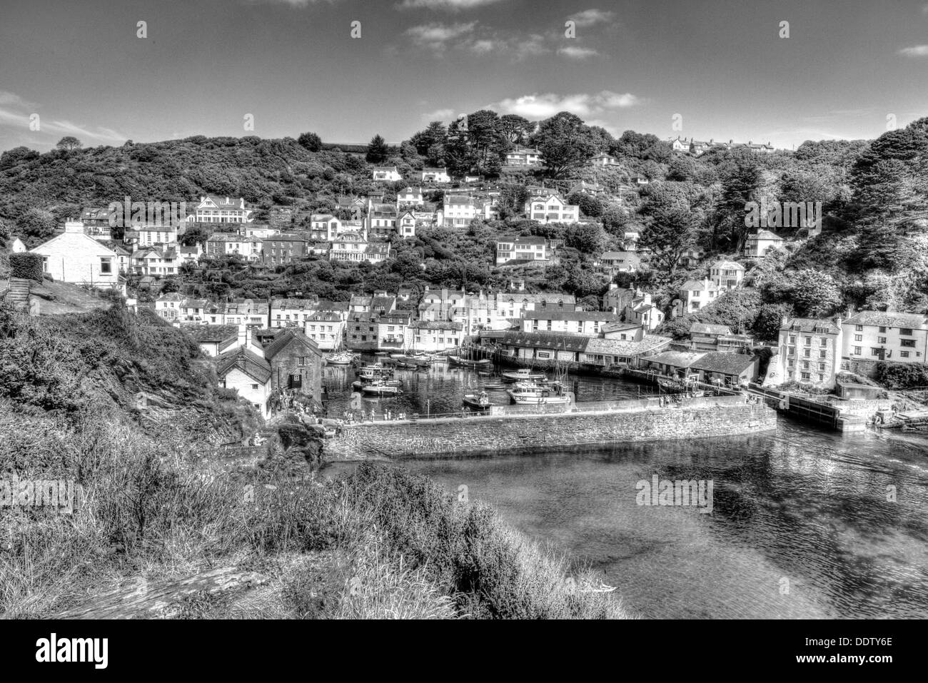 Polperro harbour Cornwall England in black and white HDR Stock Photo ...